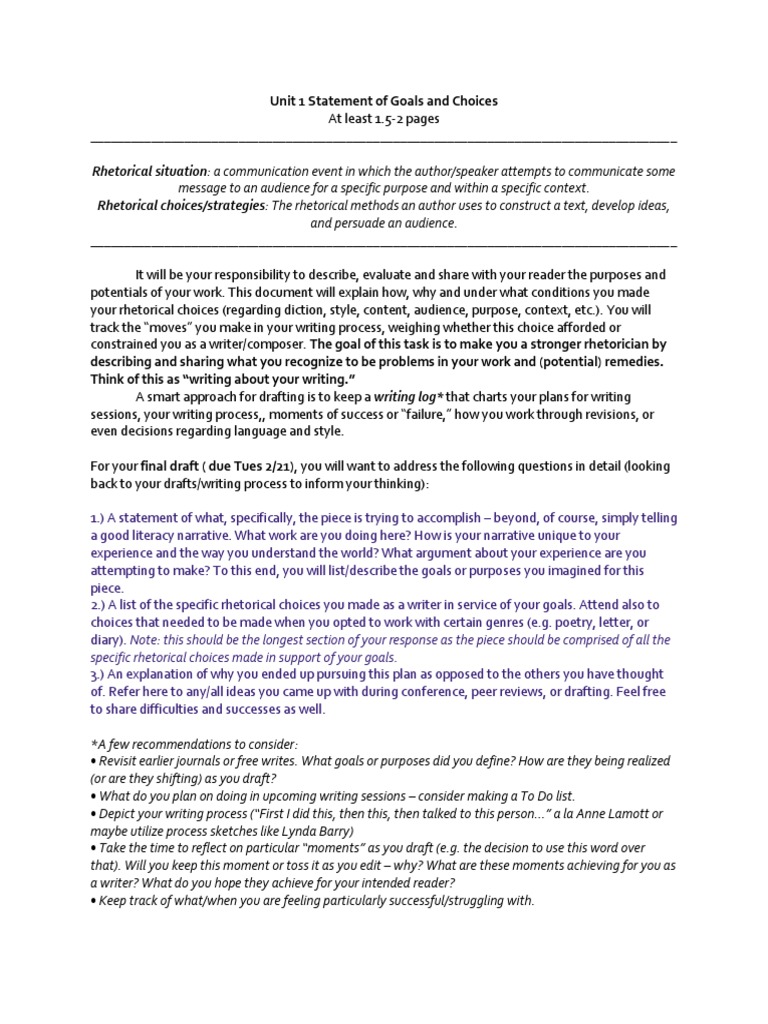 Unit 1 Statement of Goals and Choices | PDF | Rhetoric | Narrative