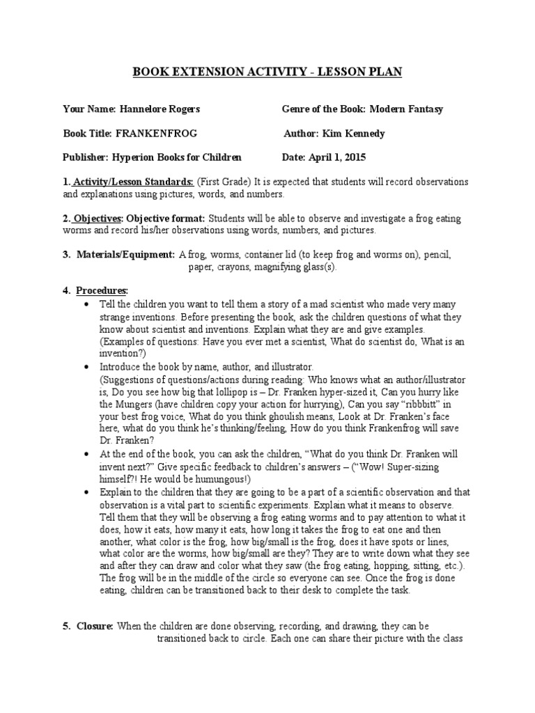 Book Extension Activity - Lesson Plan | PDF | Science | Science (General)