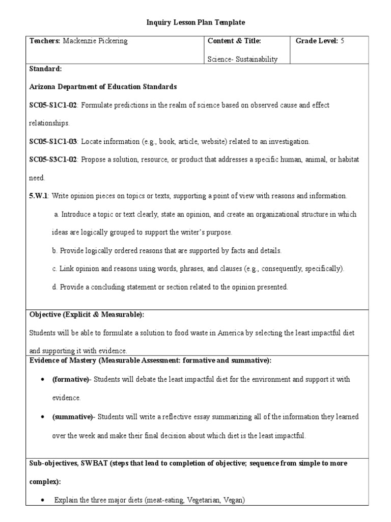 Sustainability Lesson Plan | PDF | Vegetarianism | Lesson Plan