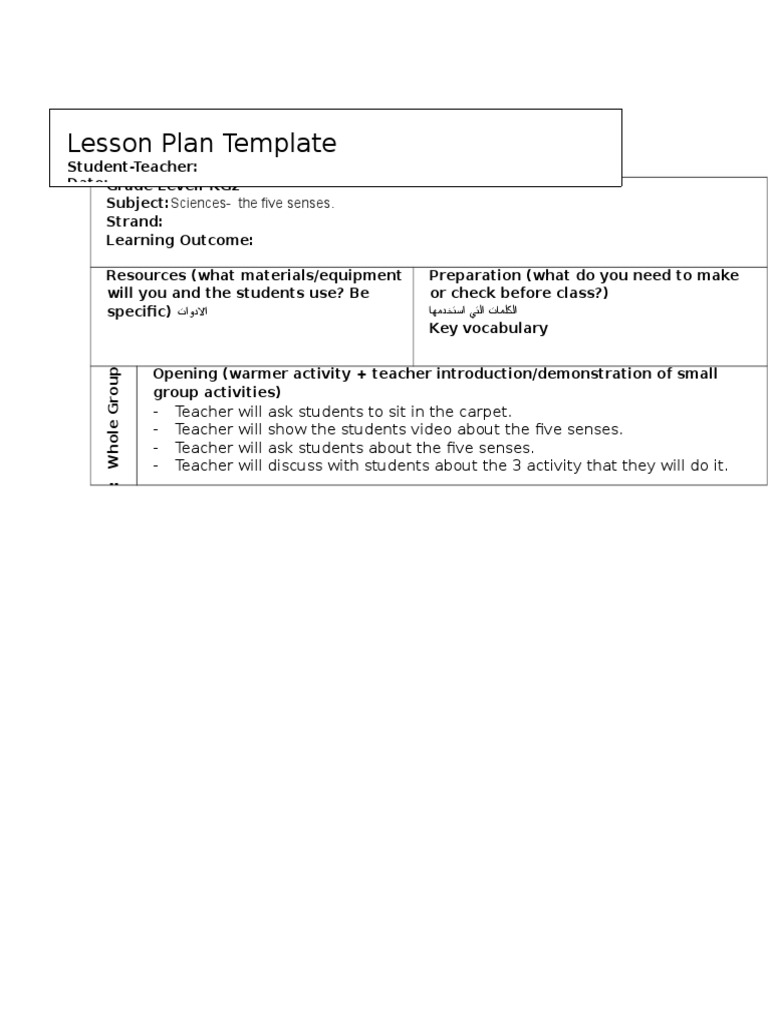 Lesson Plan Template: Sciences-The Five Senses | PDF