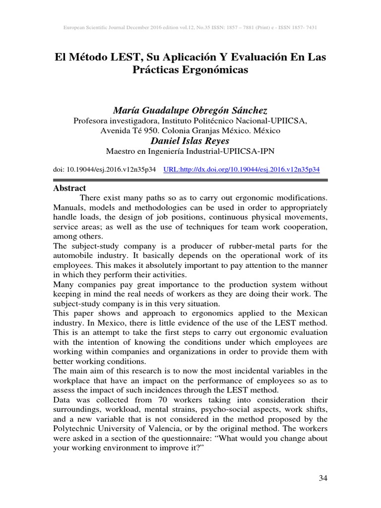 El Método LEST, Su Aplicación Y Evaluación en Las Prácticas Ergonómicas | PDF