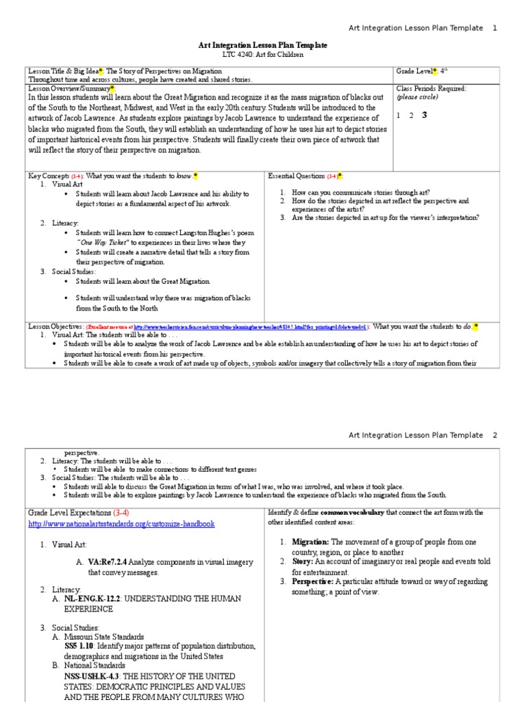 Art Integration Lesson Story Lesson Plan Narrative