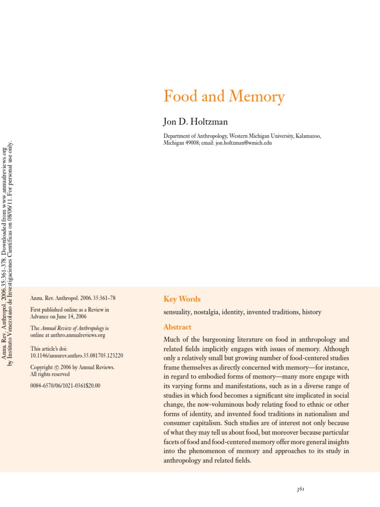Holtzman Food and Memory | PDF | Anthropology | Memory