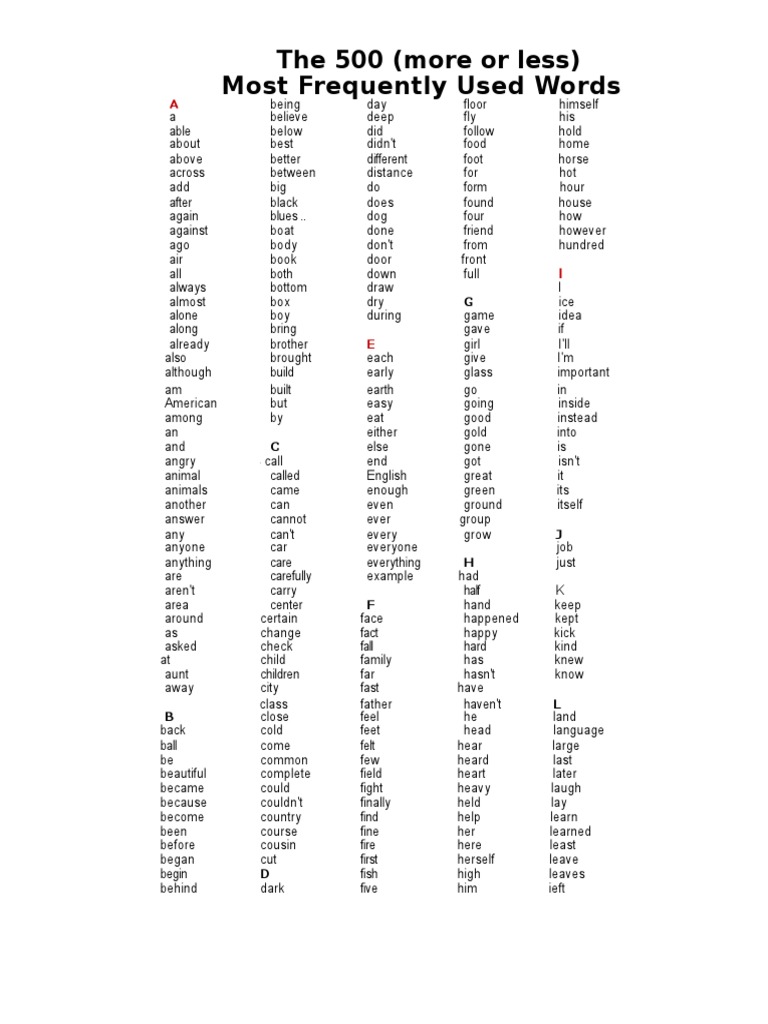 The 500 (More or Less) Most Frequently Used Words | PDF