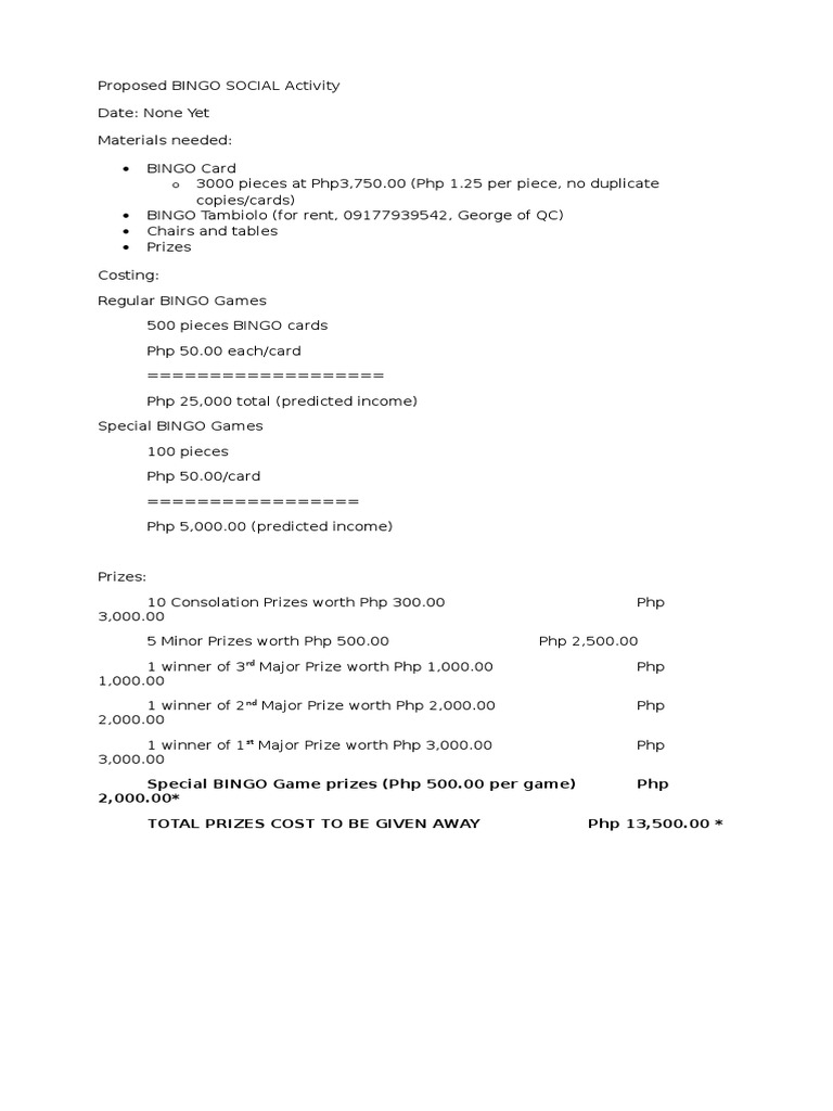 Proposed Bingo Social Activity Plan | PDF