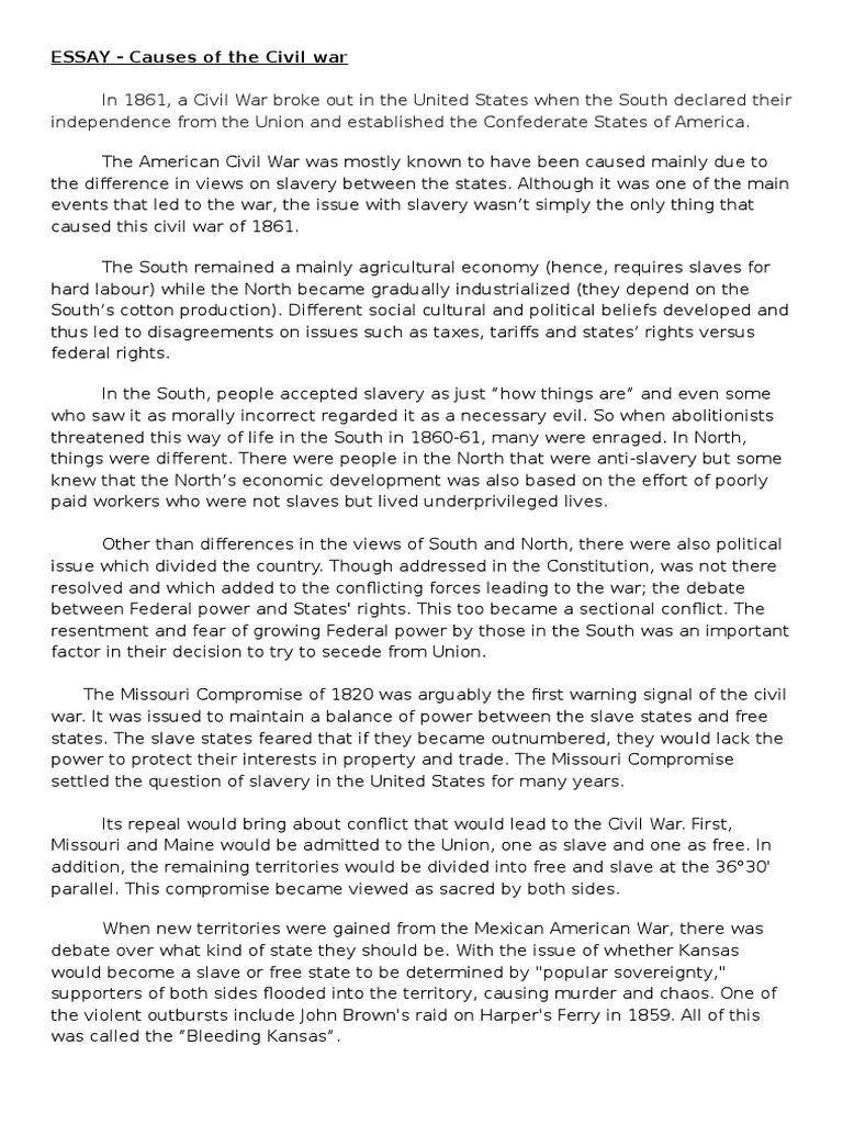 Causes of Civil War Essay | PDF | American Civil War | Abolitionism In ...