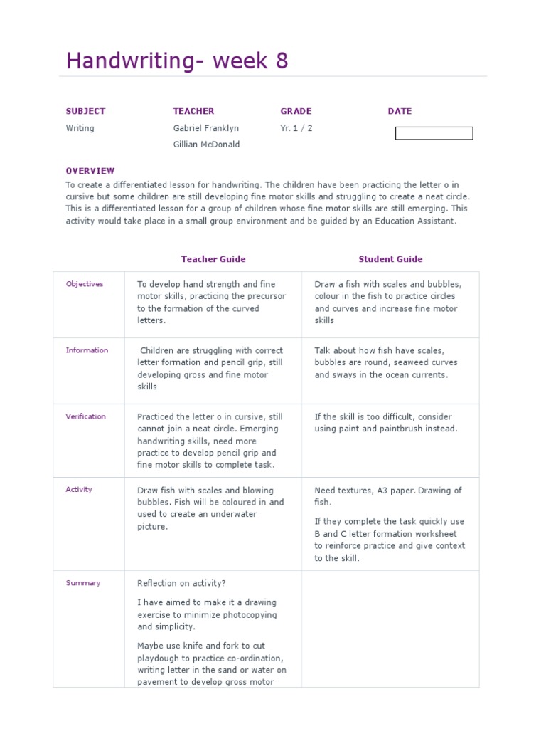 Handwriting - Week 8 Differentiated Lesson | PDF | Learning | Cognition