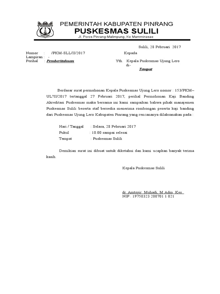 Contoh Surat Balasan Permohonan Studi Banding - Riset