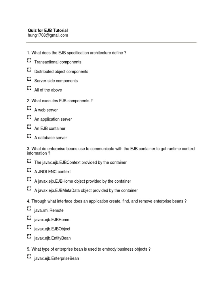 Quiz For EJB Tutorial | PDF | Enterprise Java Beans | Java Platform