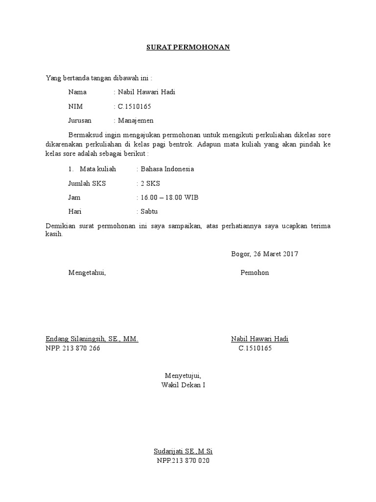 SURAT PERMOHONAN Pindah Kelas Sore Nabil Hawari H. | PDF