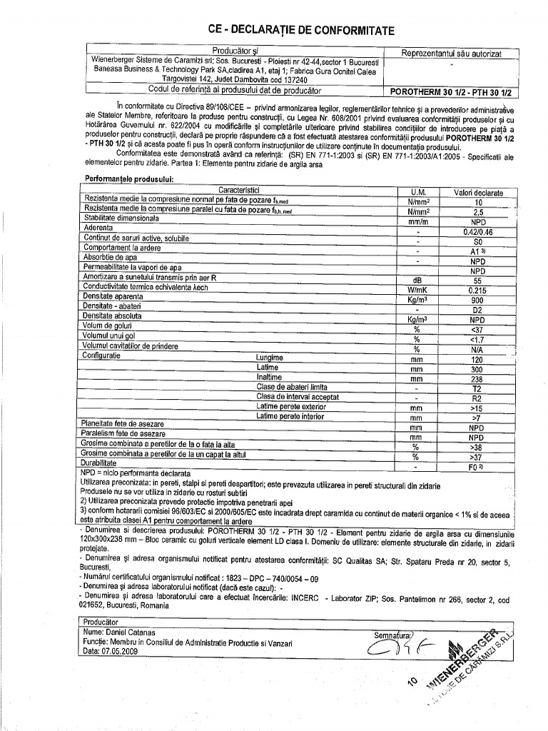 Declaratie de Conformitate Caramida Porotherm 30-1-2 Robust | PDF