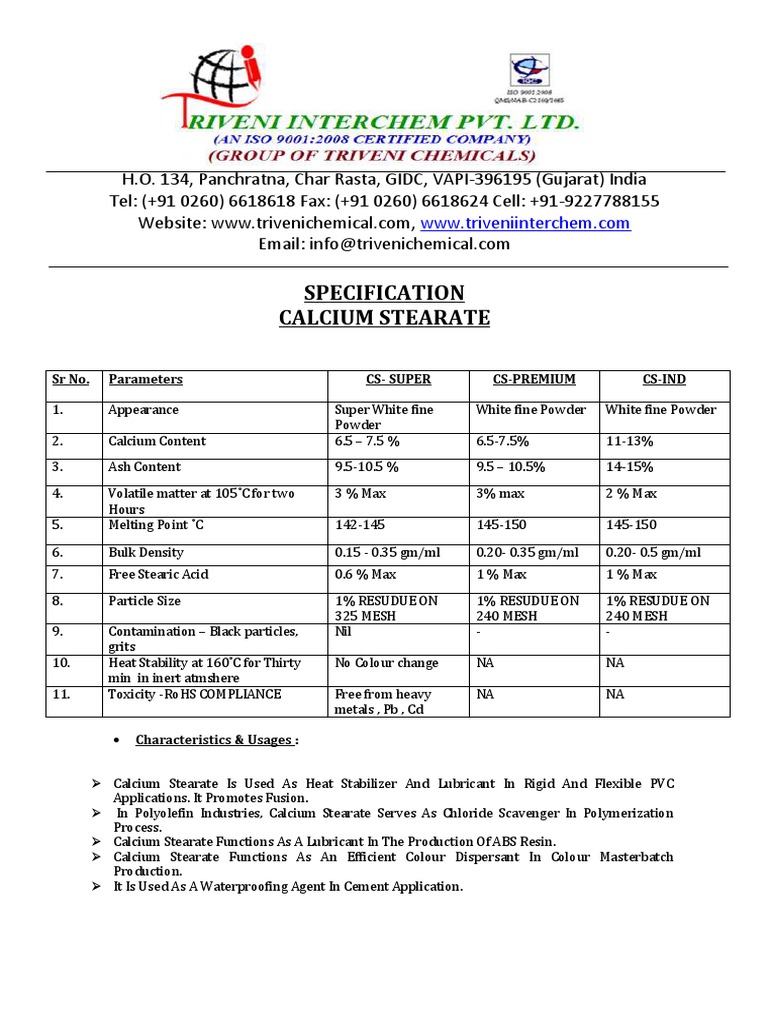 Calcium Stearate Coa Spec Tipl | PDF