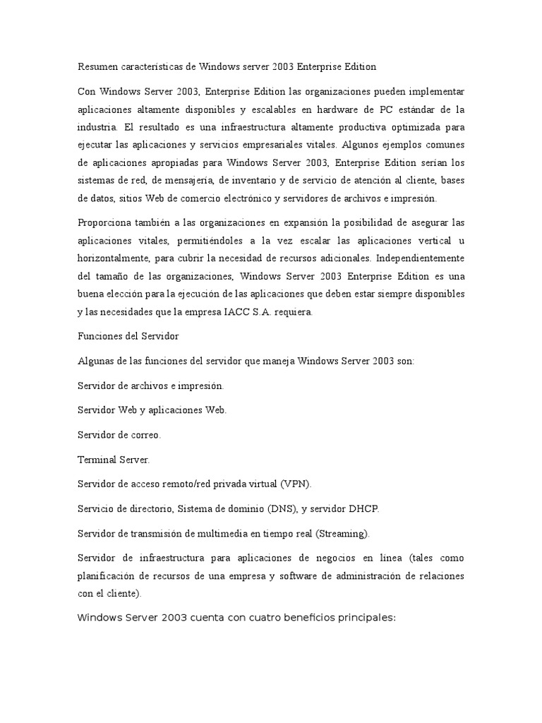Caracterìsticas de Windows Server Enterprise Edition | PDF | Servidor ...
