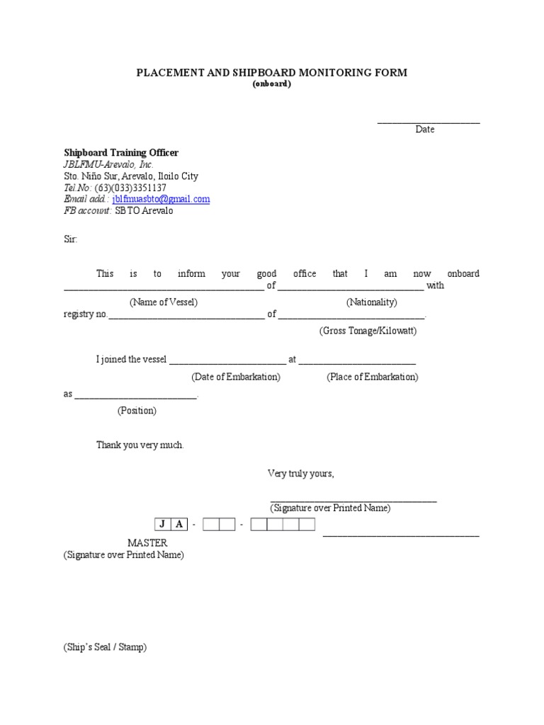 Placement and Shipboard Monitoring Form