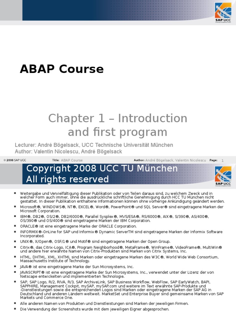 ABAP Course - Chapter 1 Introduction and First Program | PDF