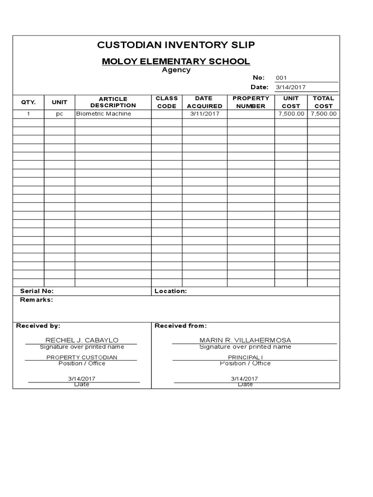 Inventory Slip.xls | Technology & Engineering | Computing