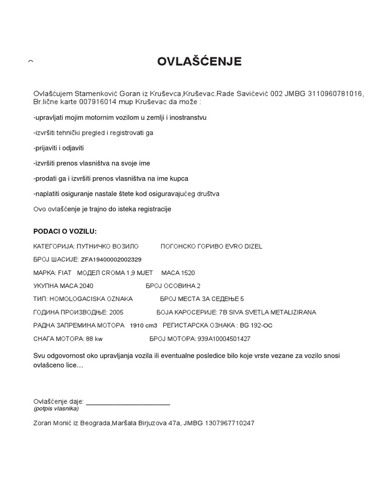 Ovlascenje Za Upravljanje Tudjim Vozilom | PDF