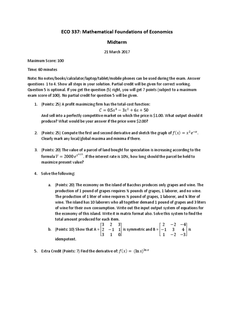 Exam For Math For Econ | PDF
