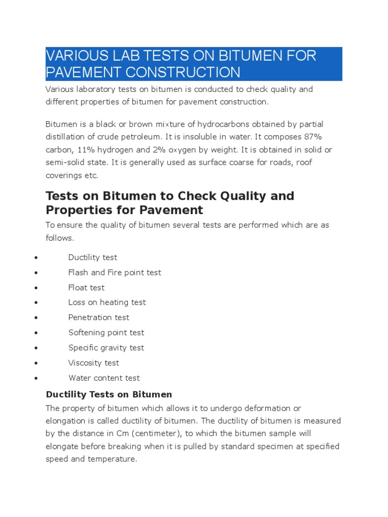 Various Lab Tests On Bitumen For Pavement Construction | PDF | Asphalt ...