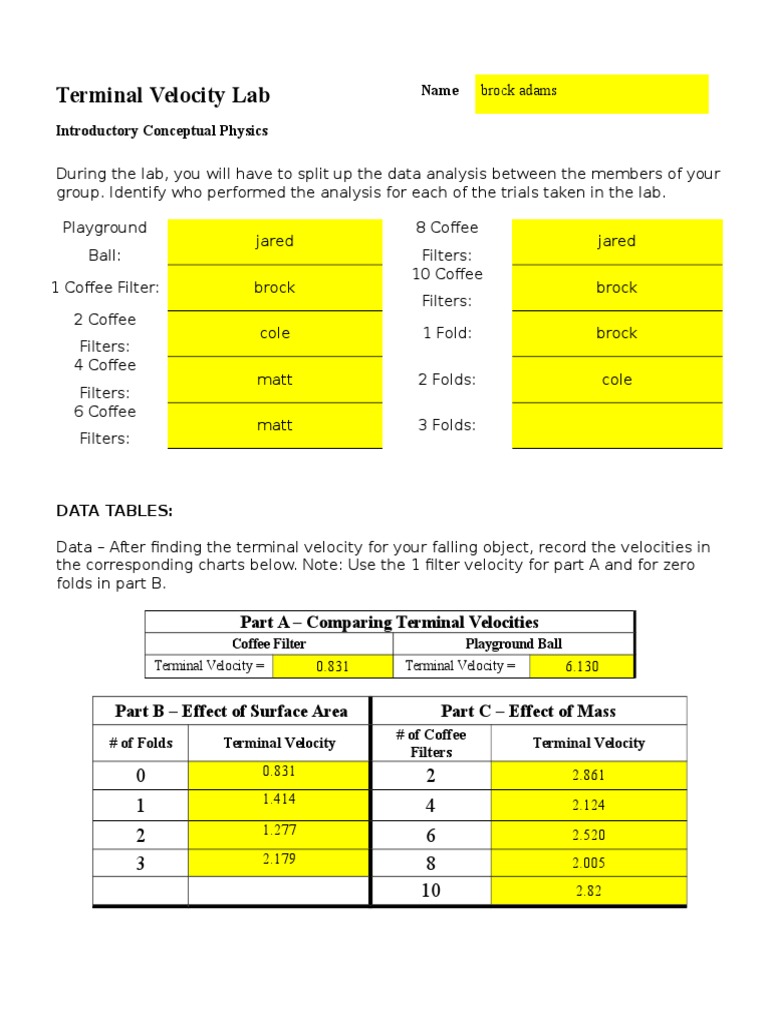 Terminal Velocity Lab: Name Introductory Conceptual Physics | PDF ...