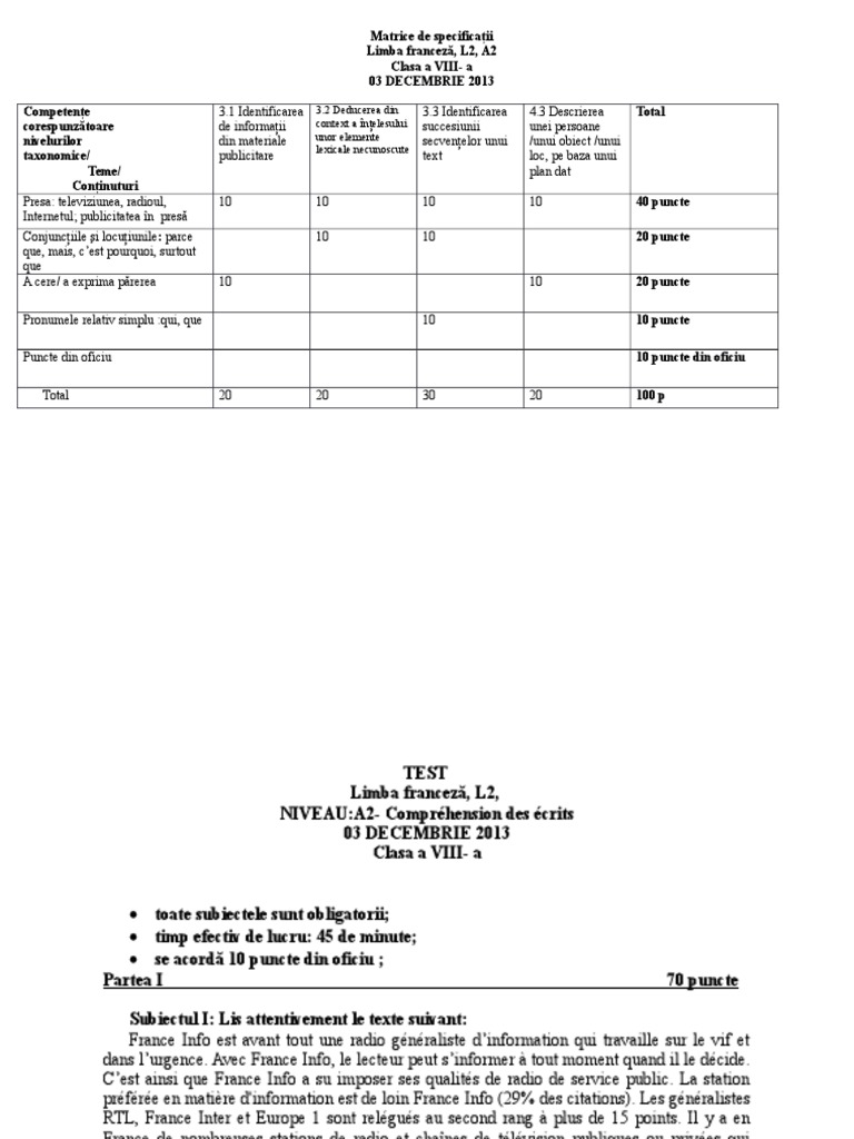 0 Matrice de Specificatii Pentru Test Viii