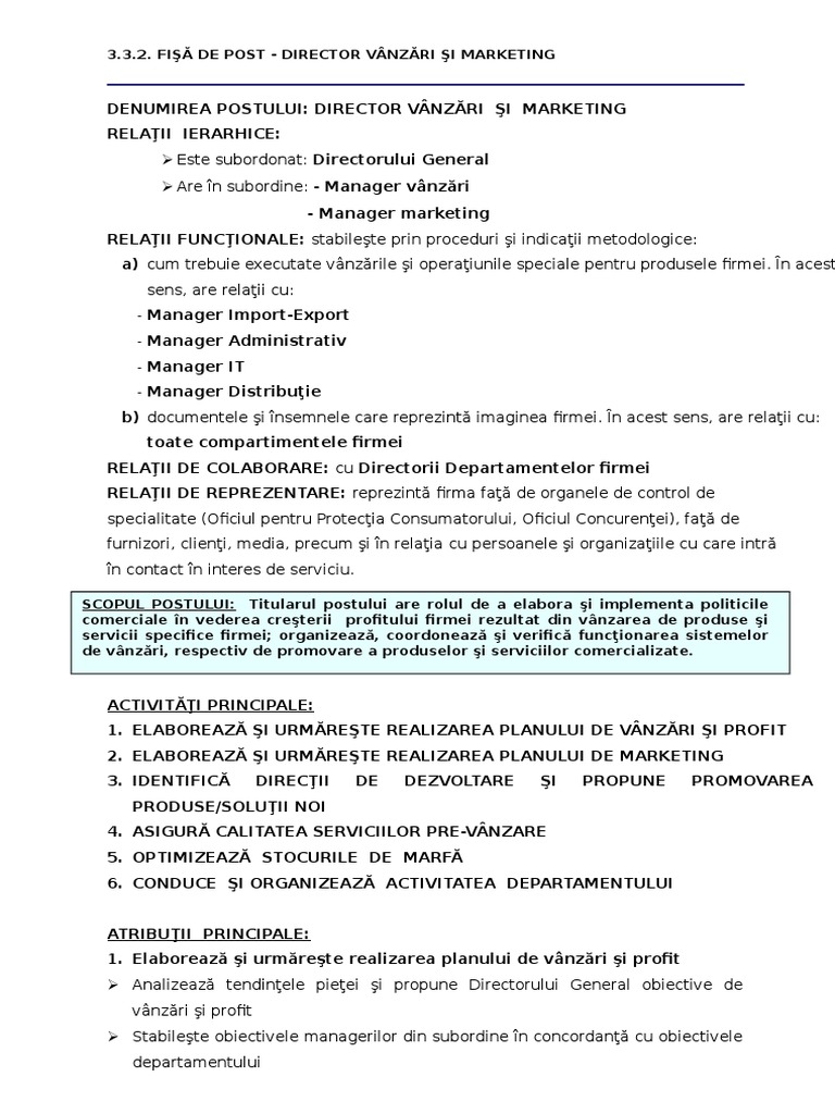 3.3.2. Fisa de Post - Director Vanzari Si Marketing | PDF
