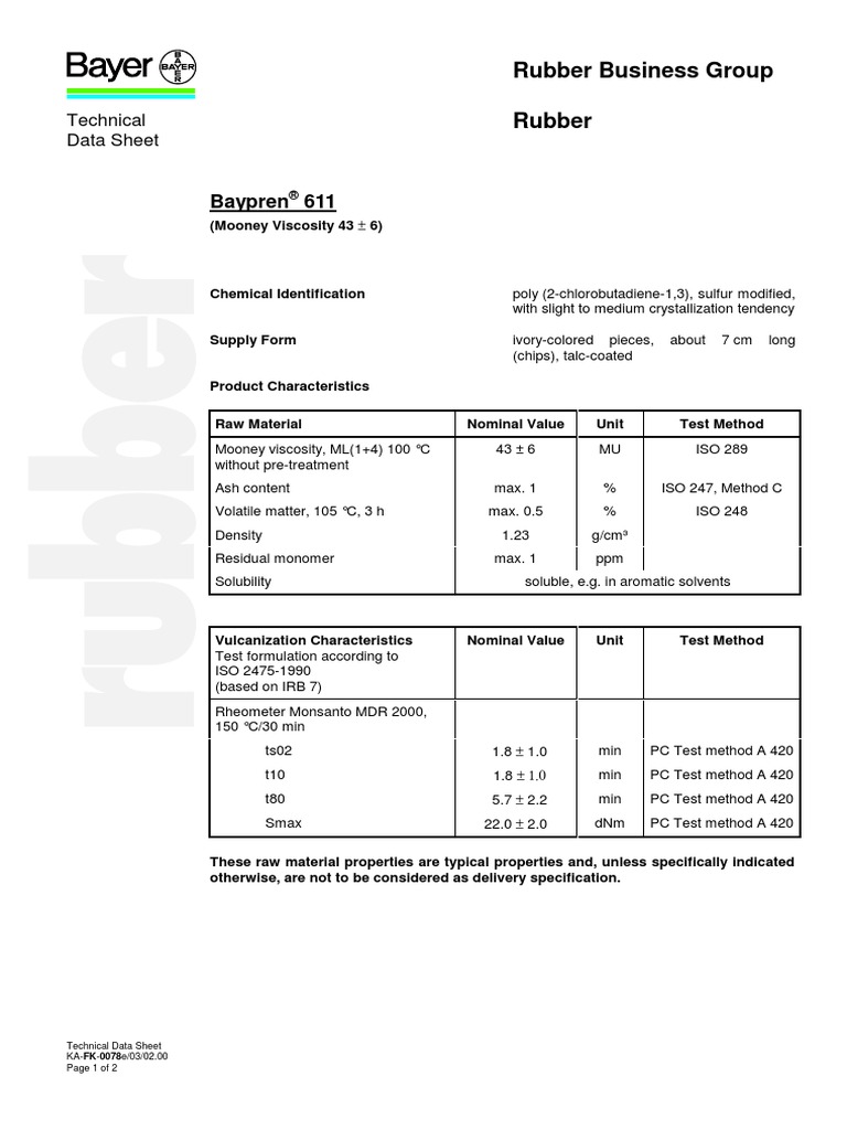 Baypren 611 | PDF | Natural Rubber | Industries