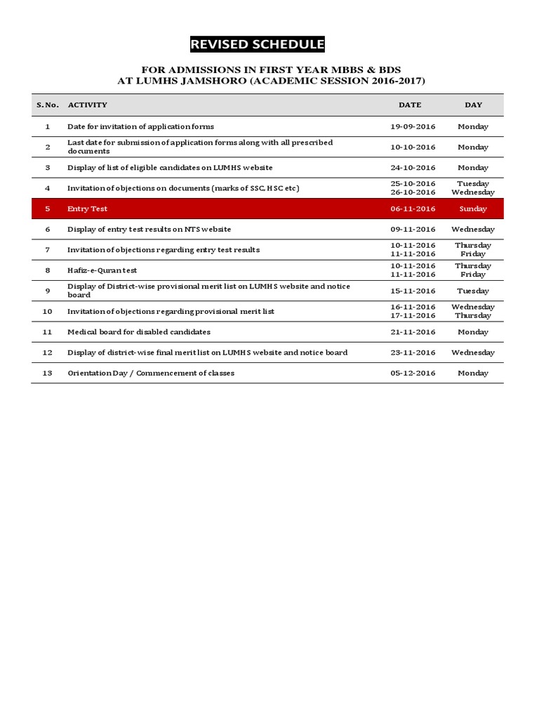 Revised Schedule: For Admissions in First Year Mbbs & Bds at Lumhs ...