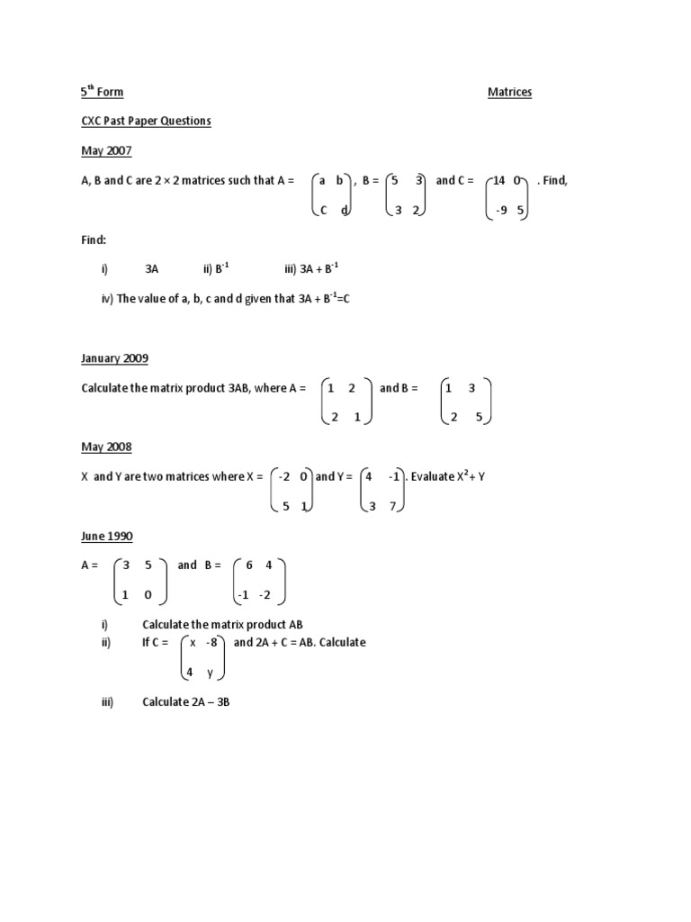5th Matrices CXC Questions | PDF