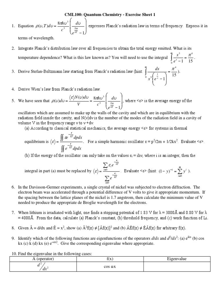 Quantum Chemistry Exercise Sheet 1 | PDF | Mechanics | Classical Mechanics