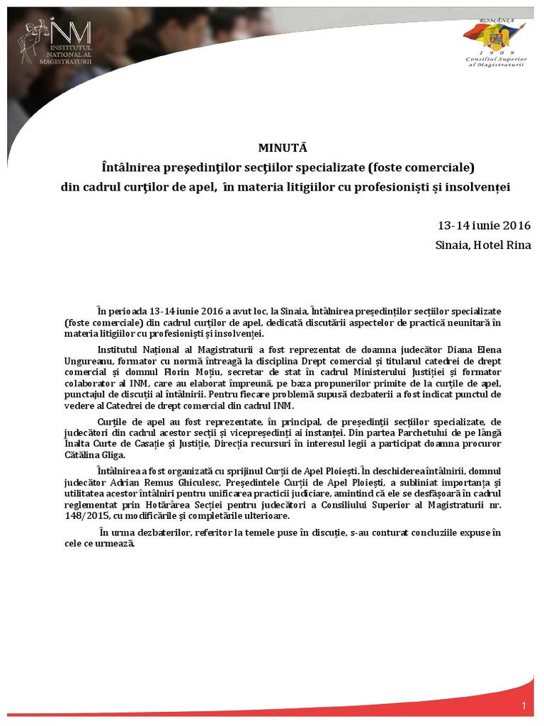 Minuta Intalnire Sectii Specializate - Foste Comerciale - Sinaia, 13-14 ...