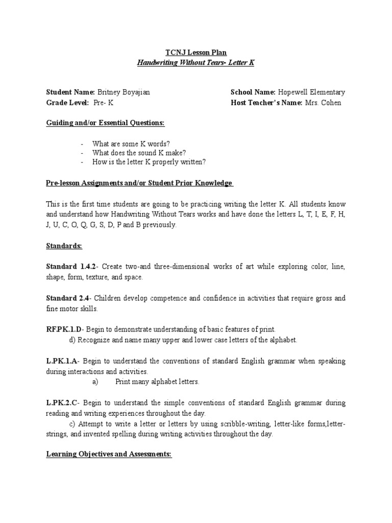 Handwritingwithouttears Lessonplan Letterk | PDF | Classroom Management ...