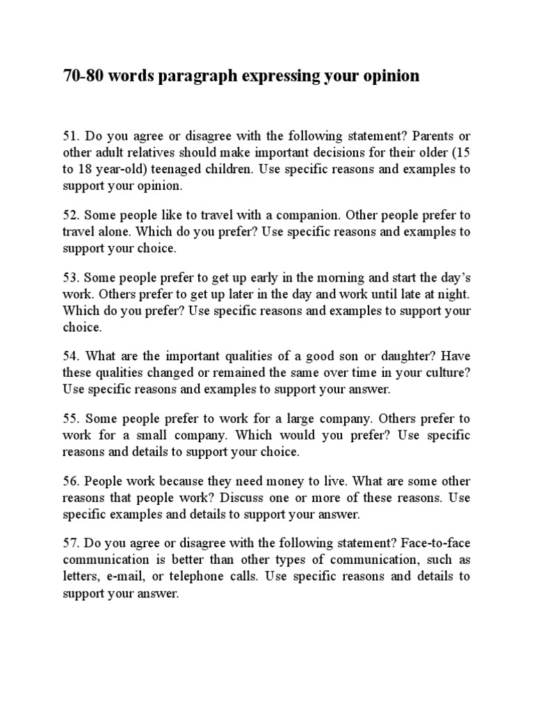70-80 Words Paragraph Expressing Your Opinion | PDF | Opinion ...