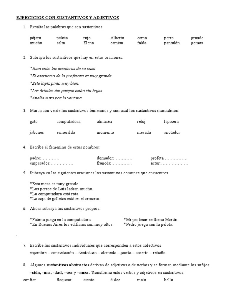 Hojas De Trabajo Para Identificar Sustantivos, Verbos Y Adjetivos En ...
