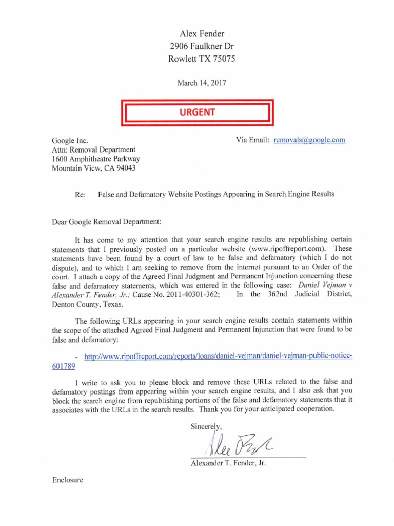 Daniel Vejman v. Alexander T. Fender JR - Agreed Final Judgment and Permanent Injunction | PDF