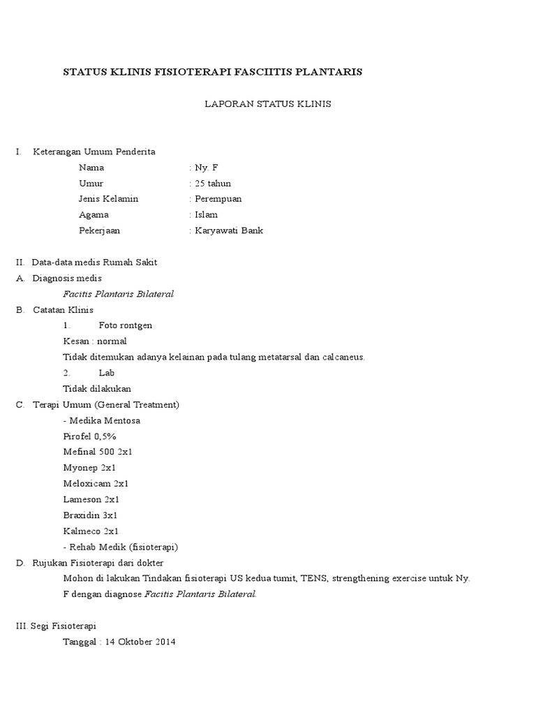 Contoh Status Klinis Fisioterapi Fasciitis Plantaris | PDF