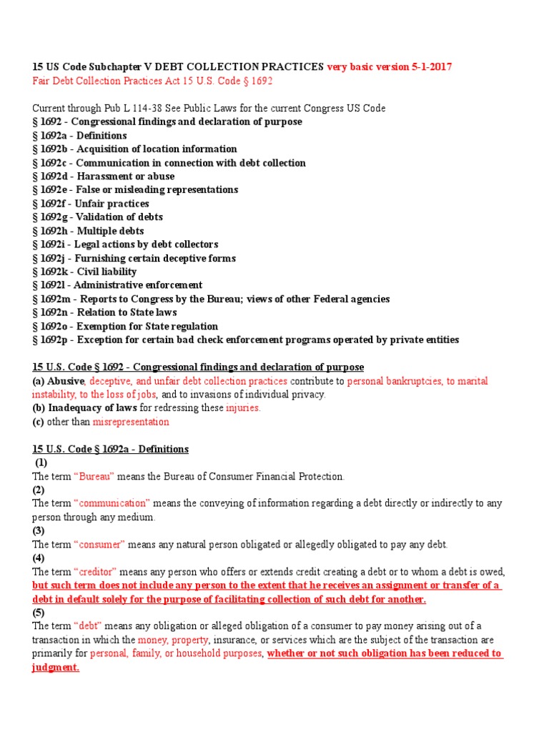 15 Us Code Subchapter V Debt Collection Practices Very Basic Version ...