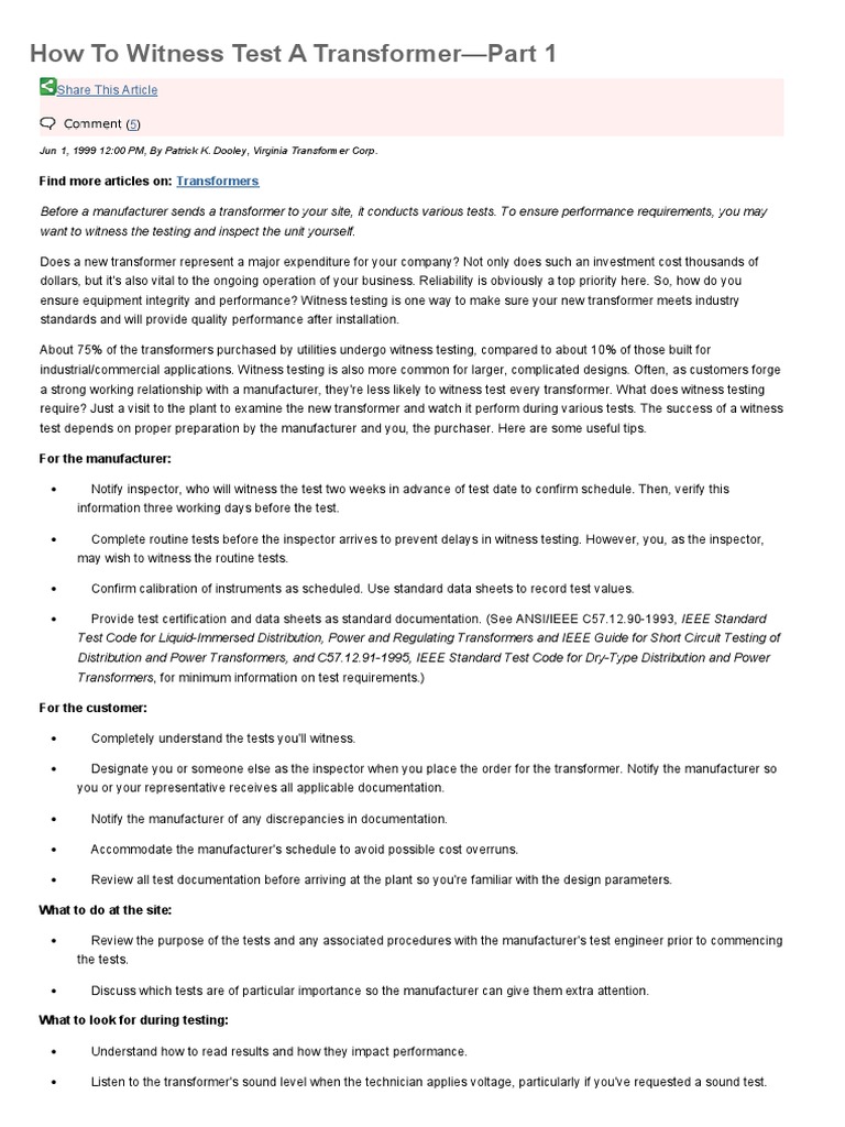 How To Witness Test A Transformer | PDF | Transformer | Audit