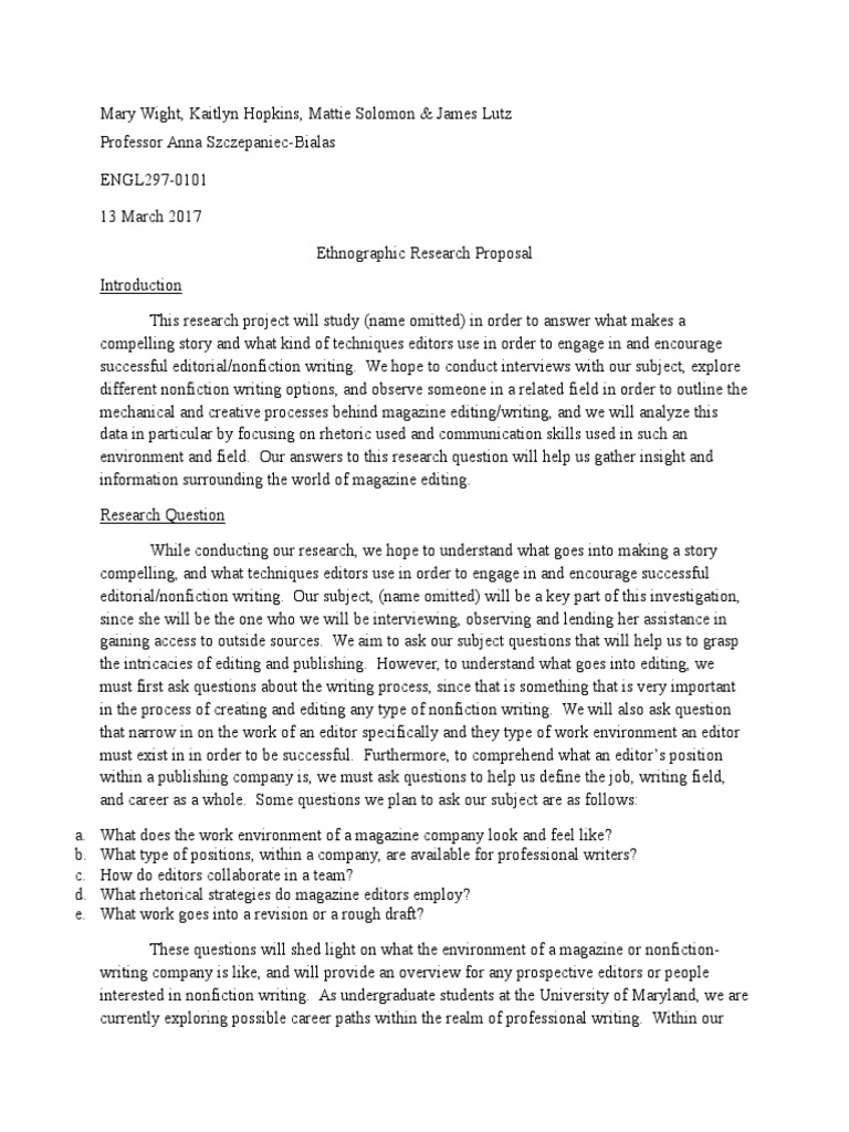 Ethnographic Research Proposal Final Draft | PDF | Editing | Ethnography