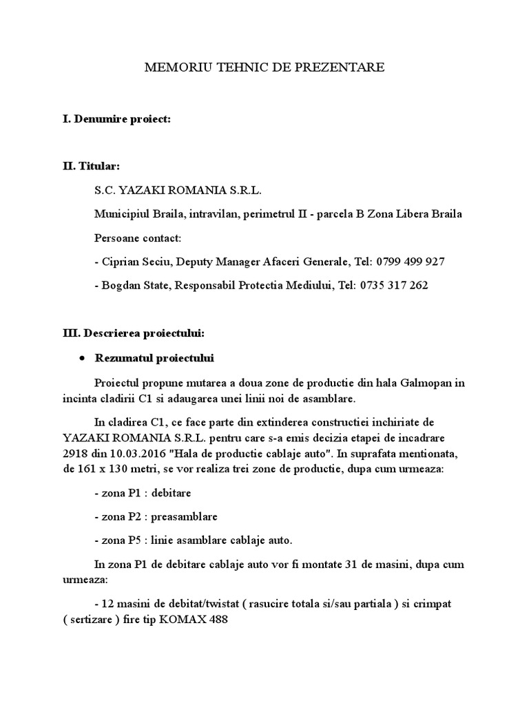 Memoriu Tehnic de Prezentare | PDF