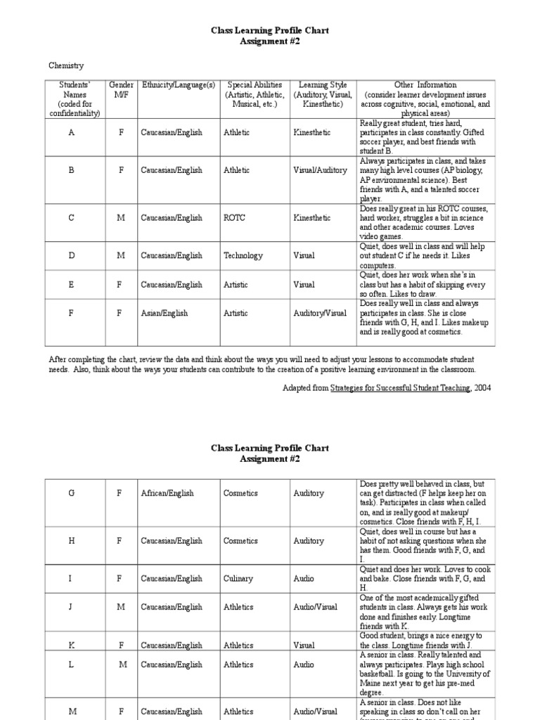 Class Learning Profile Chart Assignment #2 | PDF | Classroom | Learning ...