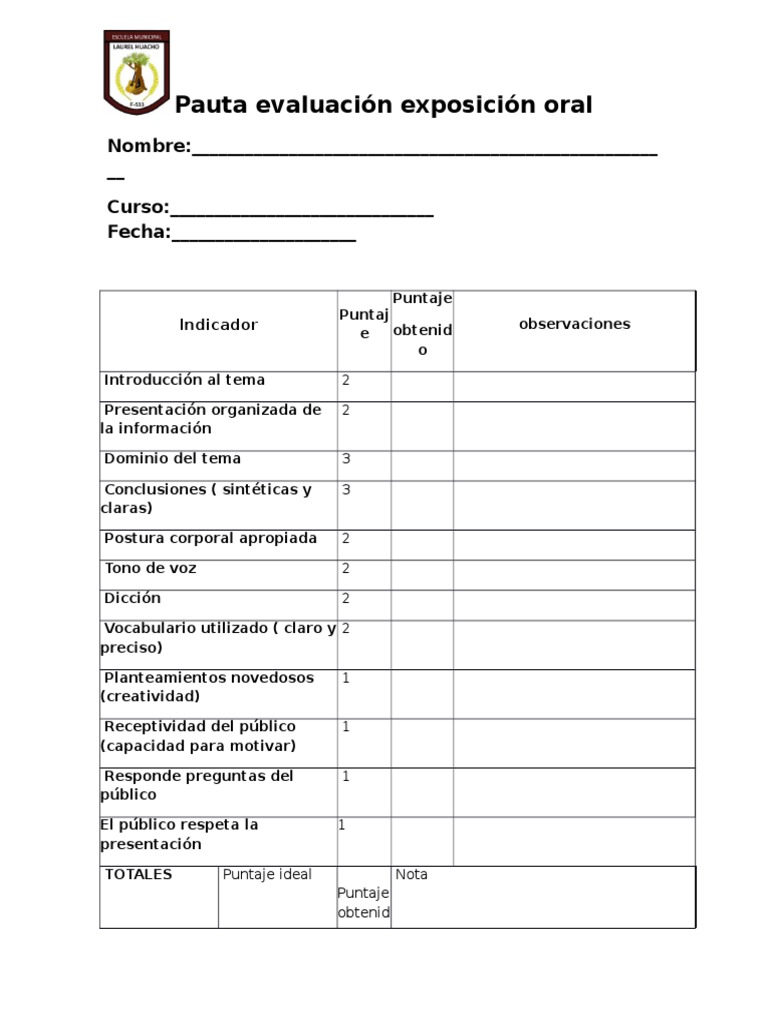 Pauta Evaluación Exposición Oral | PDF
