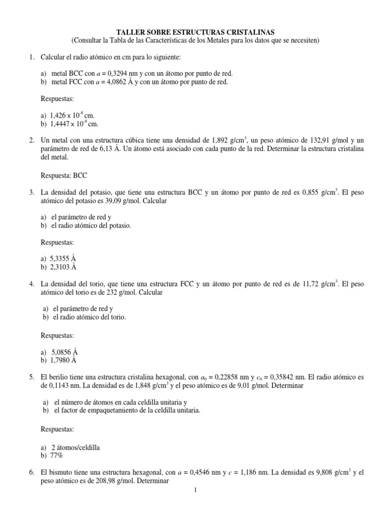 Taller Sobre Estructuras Cristalinas PDF | PDF | Estructura cristalina ...
