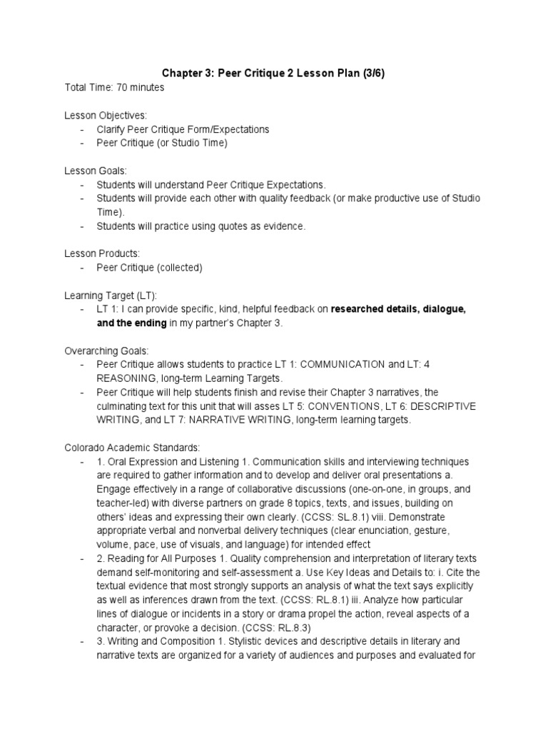 Peer Critique Lesson Plan for Chapter 3 | PDF | Narrative | Reading ...
