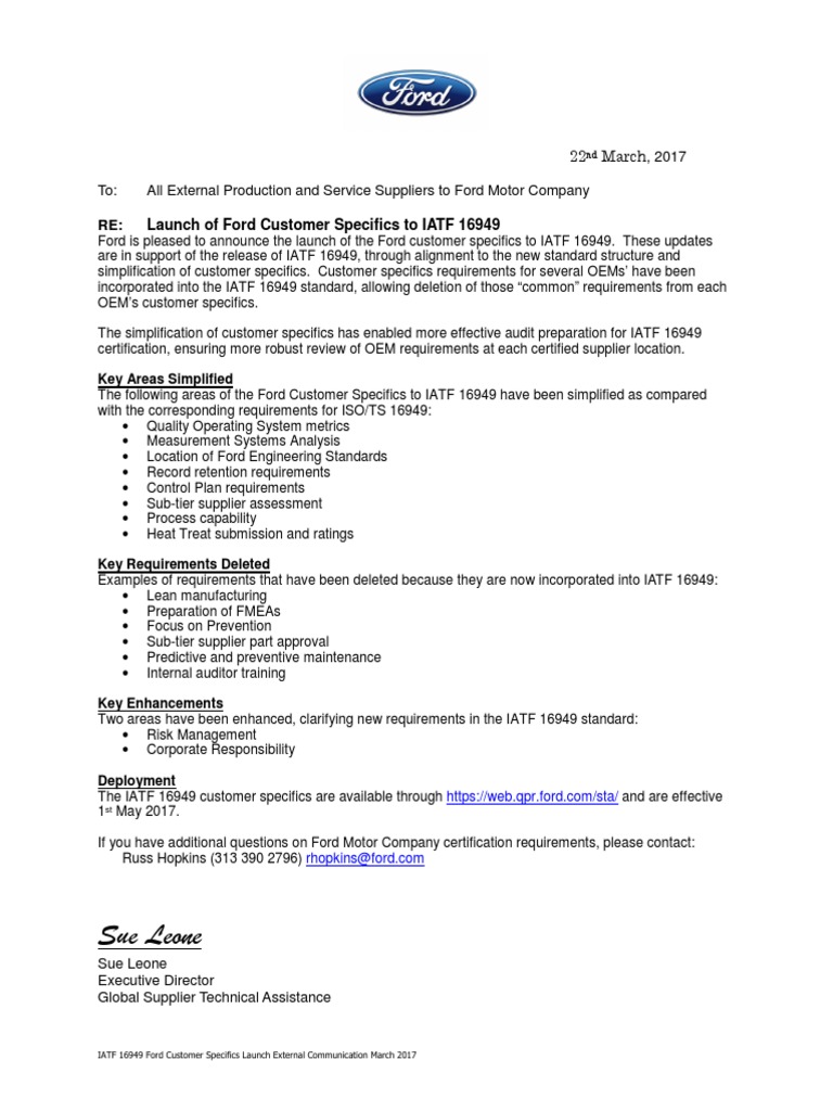 IATF 16949 Launch Ford Customer Specifics 22mar2017 | PDF