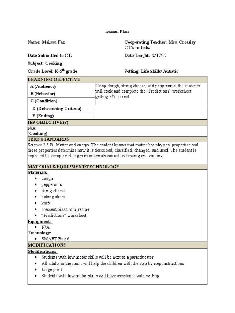 Cooking Lesson Plan | Download Free PDF | Pizza | Dough