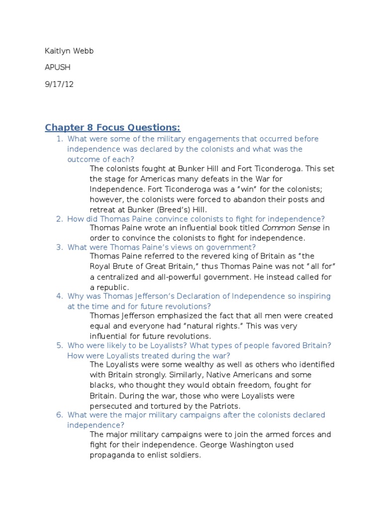 APUSH CH 8 Focus Questions | PDF | Thomas Paine | Loyalist (American ...