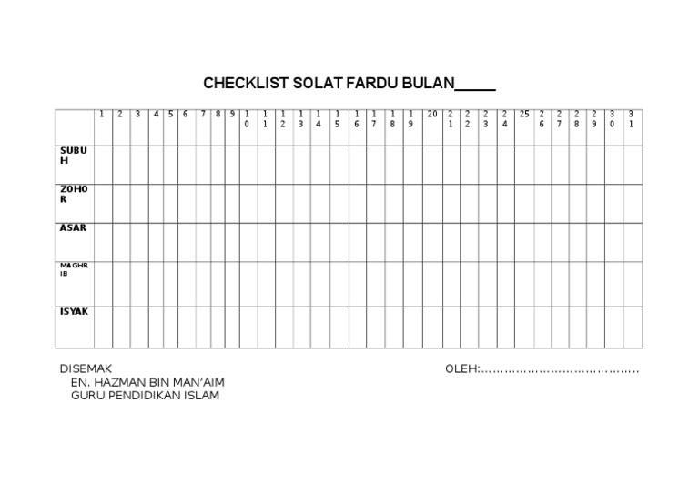 Checklist Solat Fardu Bulan | PDF