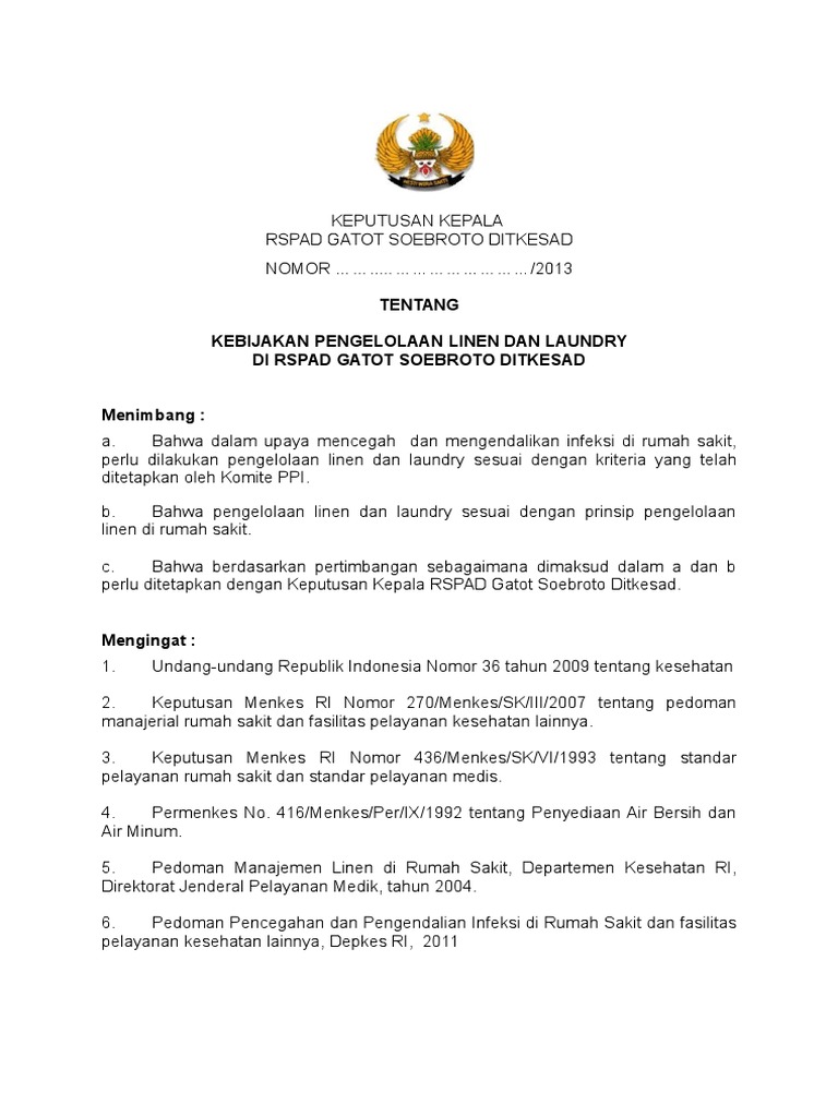 Kebijakan Pengelolaan Linen Dan Laundry | PDF