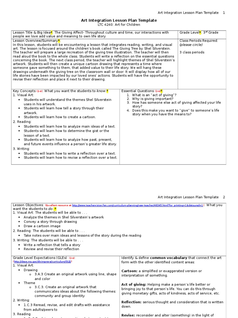Art Integration Lesson Plan Template: (Please Circle) | PDF | Lesson ...